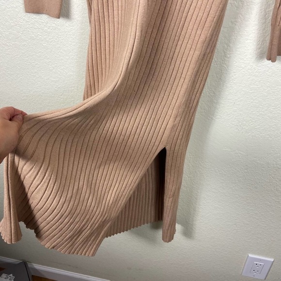 Wayf | Dresses | Nwt Wayf Ribbed Knit Sweater Dress Midi Tan Cutout Tie ...